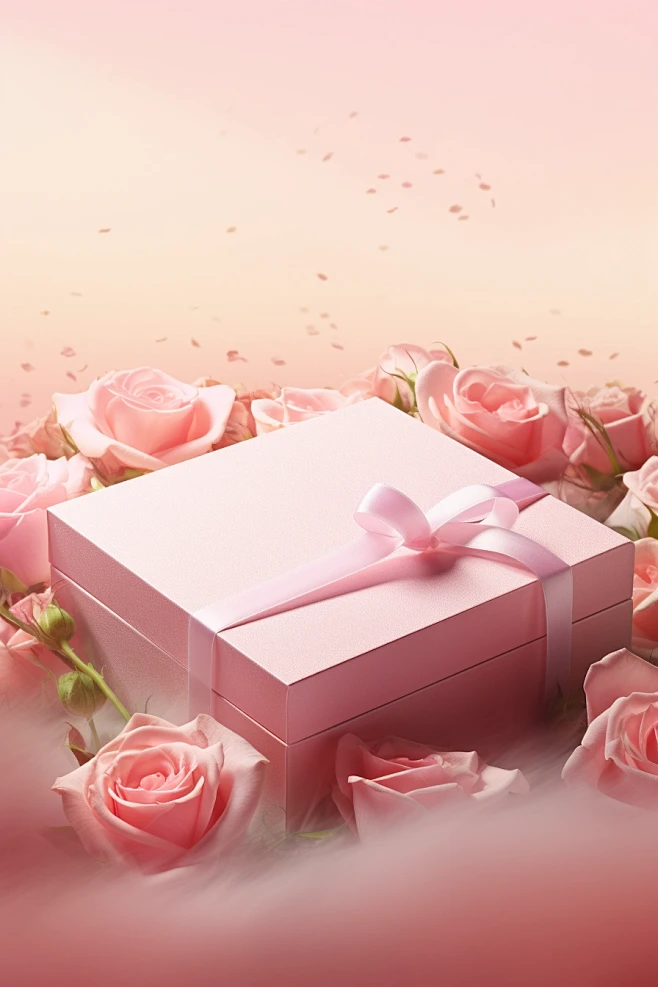 An empty pink gift box surrounded on roses, in the style of realistic ...
