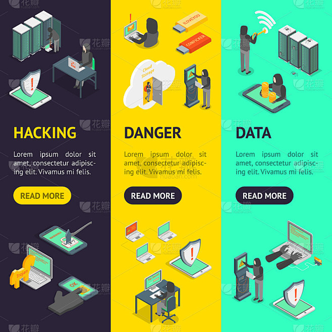Hacker Signs 3d Banner Vecrtical Set Isometric Vie