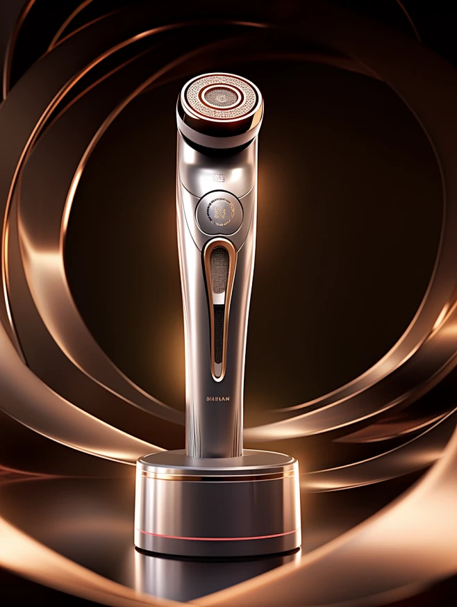 An high-end electric shaver, elegantly displayed on a elegant podium ...