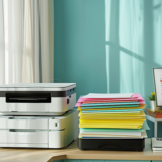 simotom7886_Two_piles_of_paper_with_colored_posters_on_top_plac ...