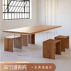 亚克力桌子悬浮餐桌家用简约白蜡木长桌轻奢实木大板桌原木工作台-花瓣网