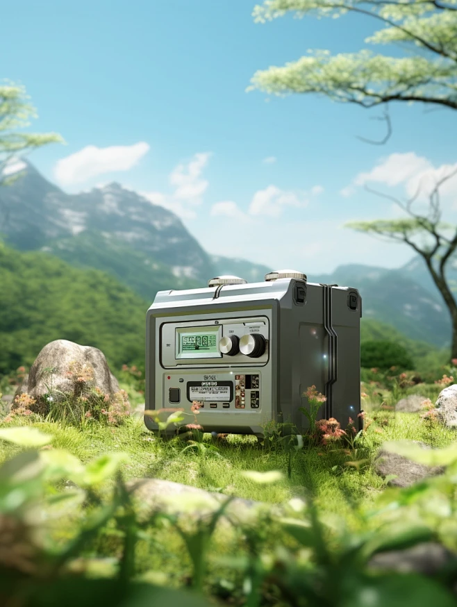 A portable generator sitting in the grass, in the style of delicately ...