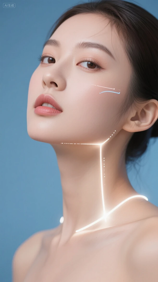 jimeng-2025-08-11-2618-生成一个医美整形美女模特 模特面部有整形标记 下颌线有一束向上的光-花瓣网