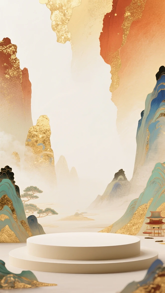 展台，场景，电商背景，国风，中式建筑与山水，敦煌风格，竖屏，zxs (4)-花瓣网