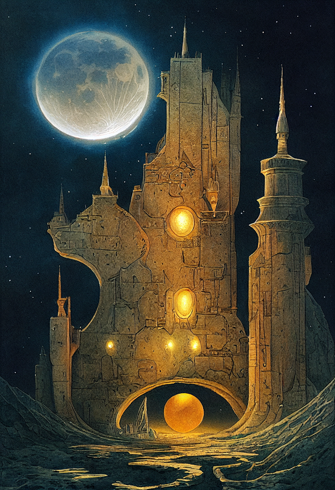 asymmetric citadel of the moon, fantastical, lunar, whimsical ...