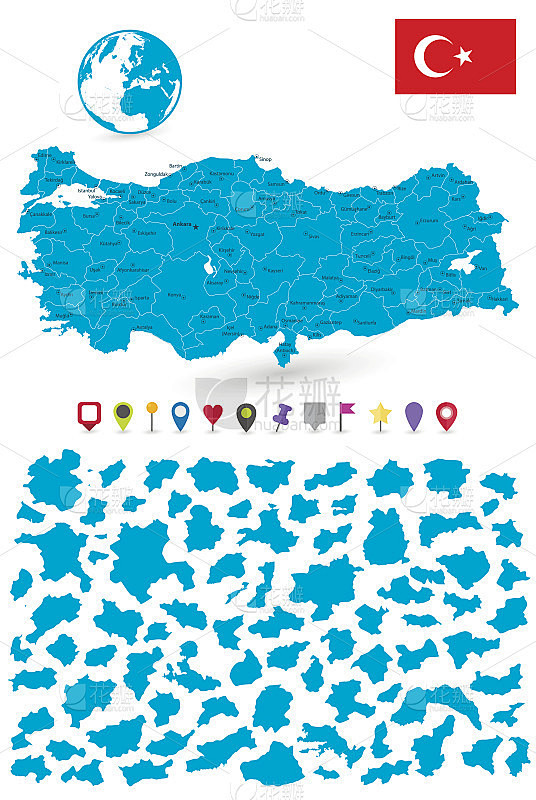 土耳其地图与它的州和平面地图指针
