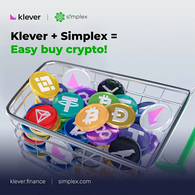 这可能包含：装满不同类型比特币的购物车和文字 klever + simplex = easy buy crypt-花瓣网