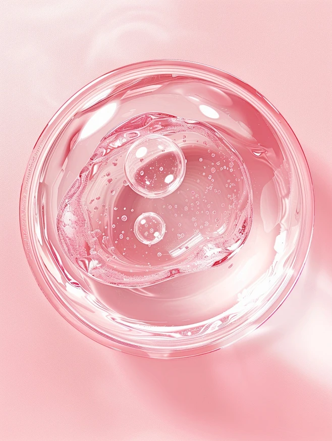 A pink circular transparent glass texture, filled with water and two ...
