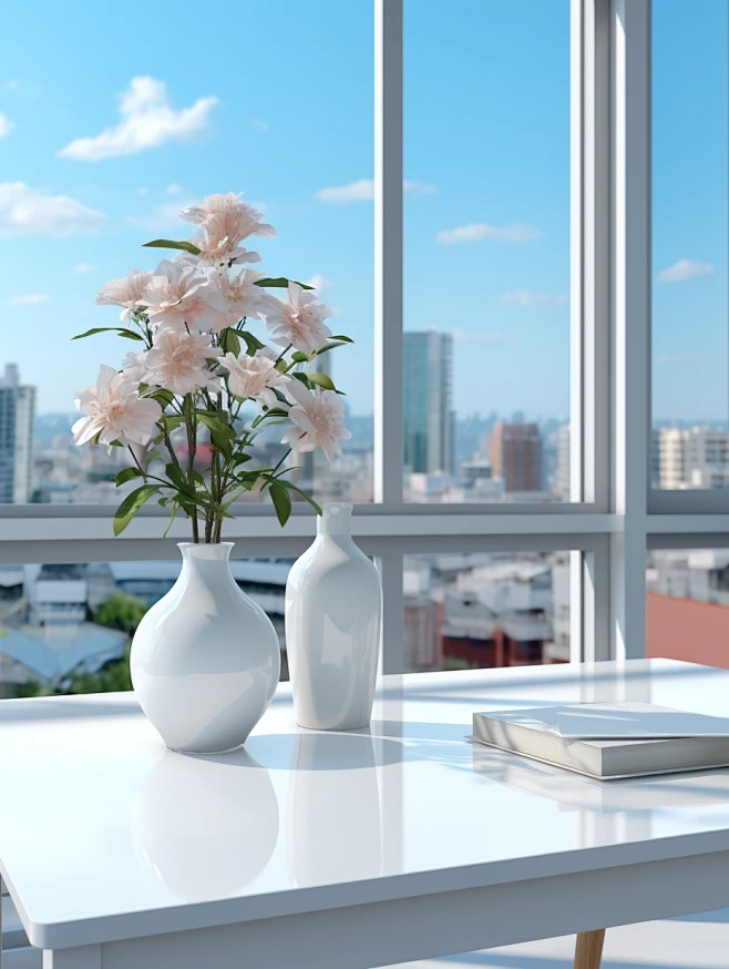Empty white table in an office next to a window, in the style of ...