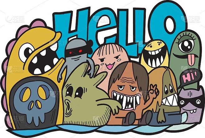 Hello funny monster group behind ,illustration of