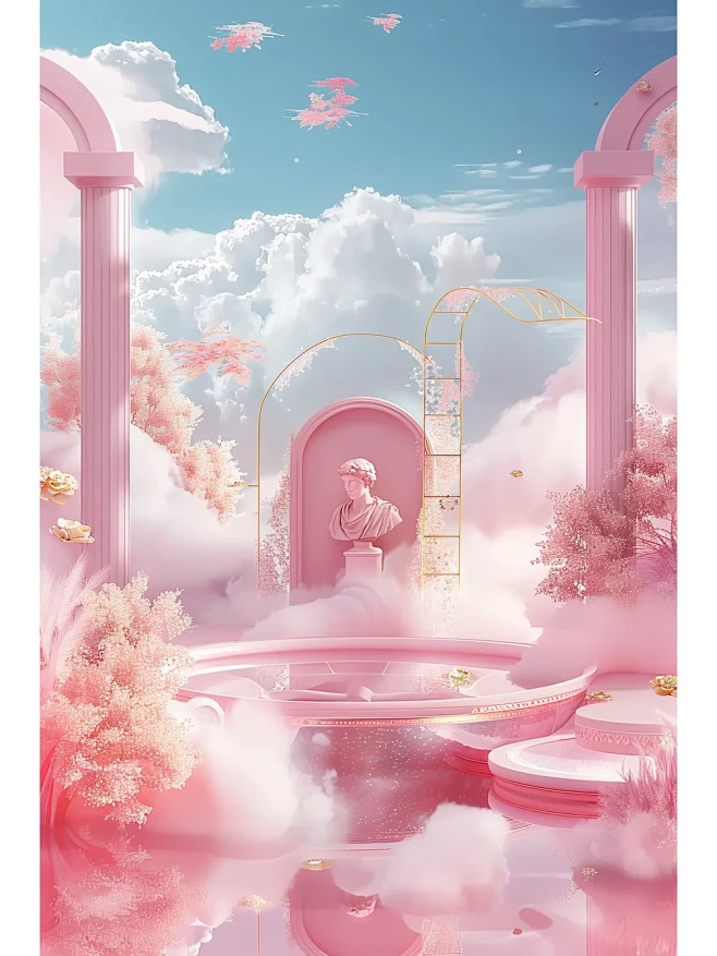 3D pink dreamy scene with flowers, clouds, lake surface, ladder, Rococo ...