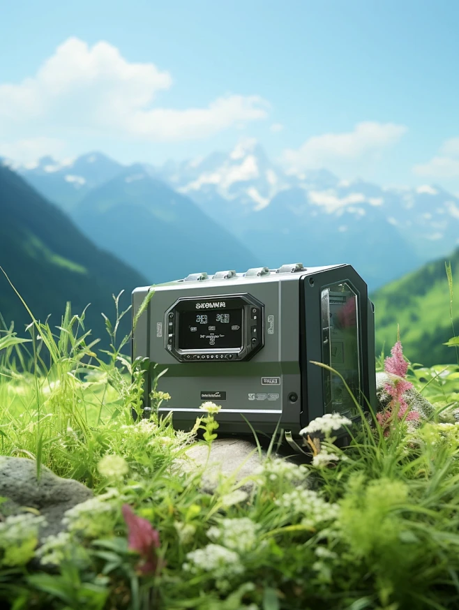 Small portable power pack in the middle of a green field, in the style ...
