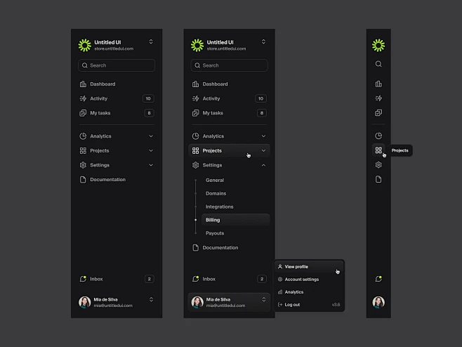 Sidebar nav — Untitled UI dark mode dark nav menu nav navigation popout ...