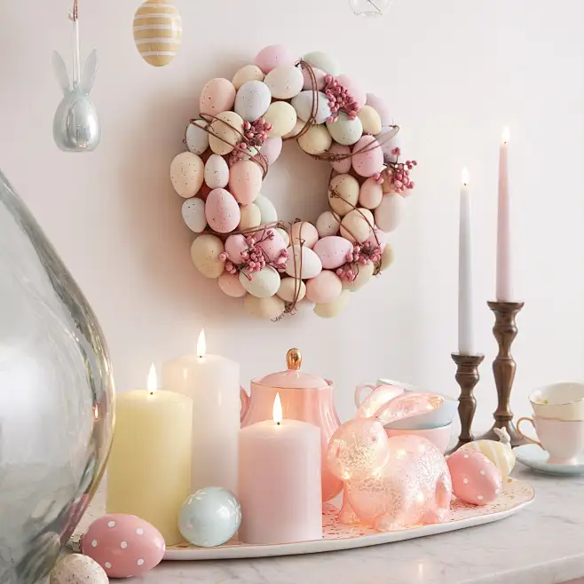 Spring-shelf-wreath-led-candles-bunnies-easter-花瓣网