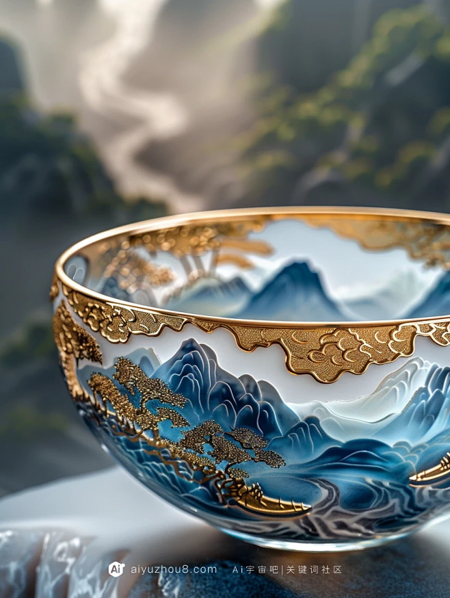 【ai宇宙吧】中国文化琉璃陶瓷玻璃金金镶玉立体微缩景观碗背景Midjourney描述关键词咒语IV：-花瓣网
