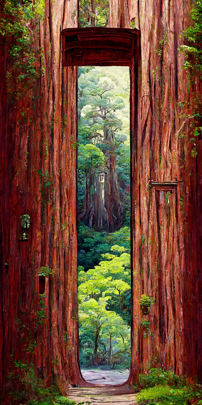 吉卜力工作室和鲍勃·罗斯(Bob Ross)设计的红杉门，郁郁葱葱