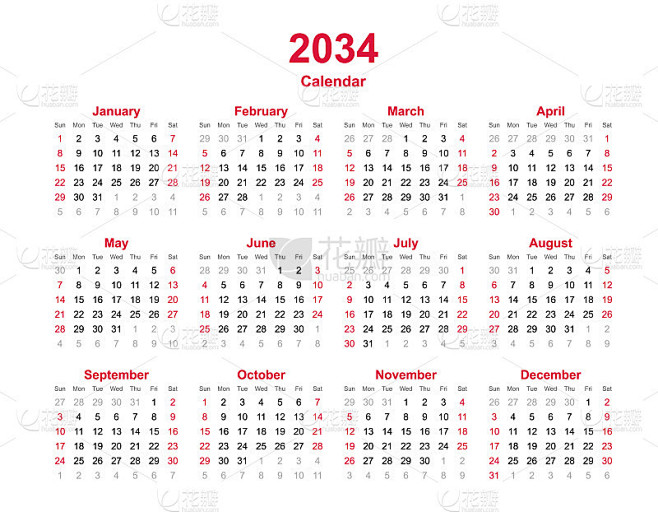 2034年日历。十二个月日历模板。