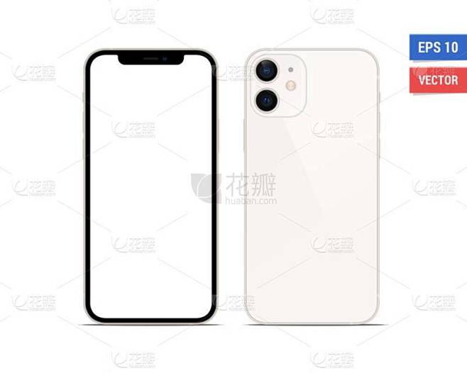 现实的矢量平面模拟苹果iPhone 12 Mini，空白屏幕隔离在白色背景。缩放图像任何分辨率