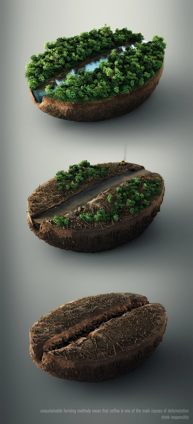 Coffee Deforestation : A set of three CGI images showing the effects of ...