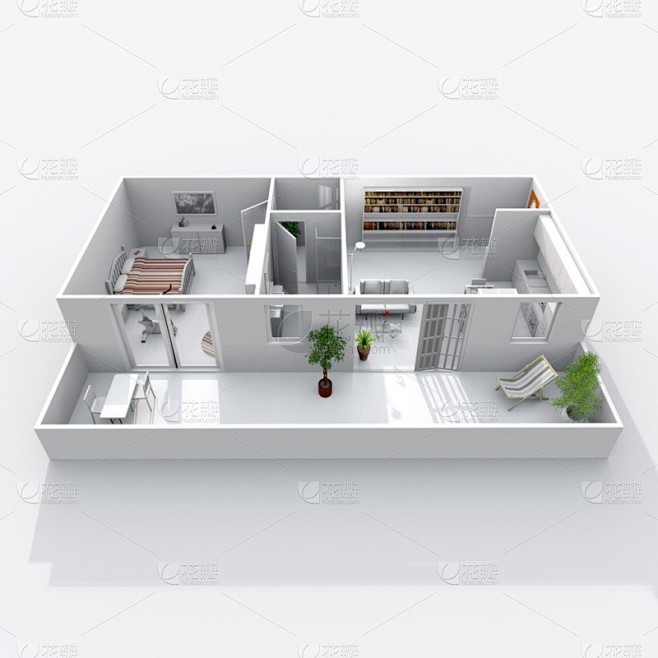 3d 室内渲染的斜家公寓家具 ︰ 房间、 卫生间、 卧室、 厨房、 客厅里、 大厅、 入口、 门、