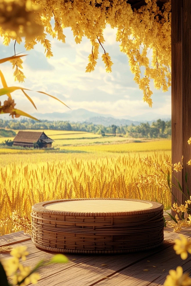 3D illustration of a podium with a rice basket style placed on the ...