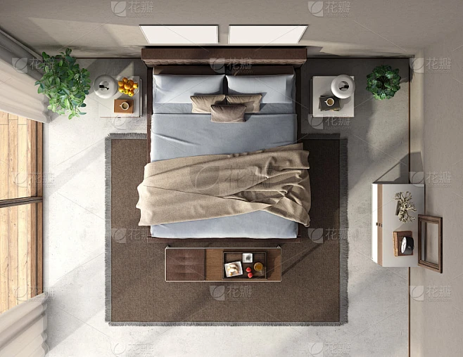 蓝色和棕色的主卧室俯视图素材-花瓣网