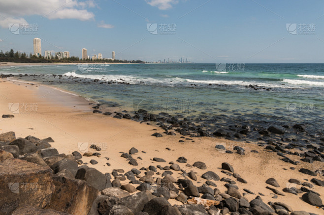 黄金海岸,布罗德,冲浪者天堂海滩,水平画幅,沙子,无人,巨石,城市天际线,夏天,户外