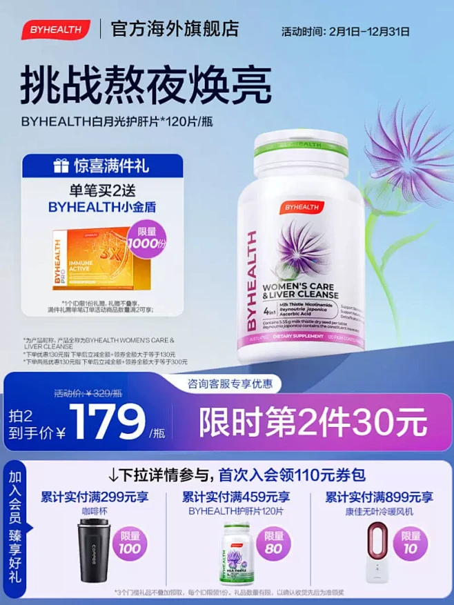 BYHEALTH白月光奶蓟草护肝片女士汤臣倍健海外版祛黄美肌焕亮-tmall.com天猫-花瓣网