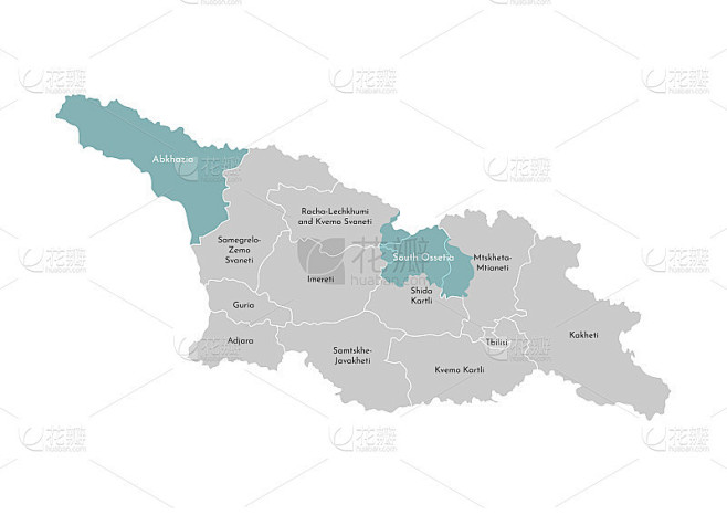 矢量孤立图解简化行政地图格鲁吉亚(国家)与蓝色形状的领土阿布哈兹和南奥塞梯。区域边界(灰色轮廓)