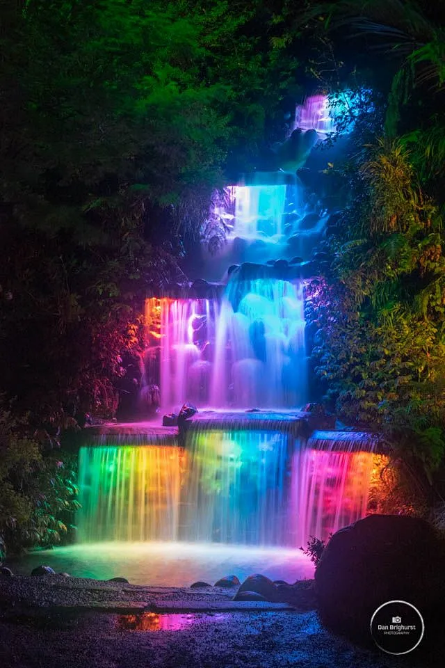 Pukekura Park's waterfall lit up for the Festival of the Lights. New ...