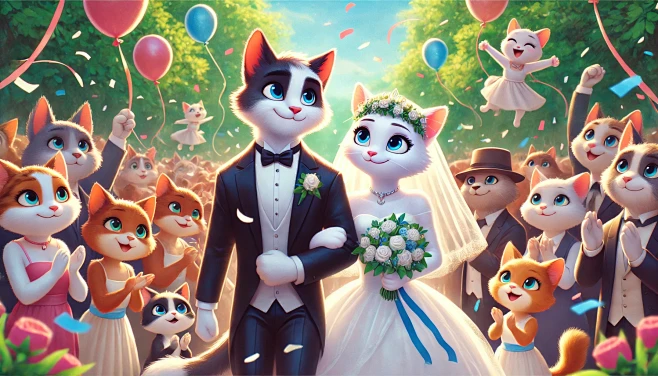 Pixar-style illustration of anthropomorphic bride and groom cats with ...