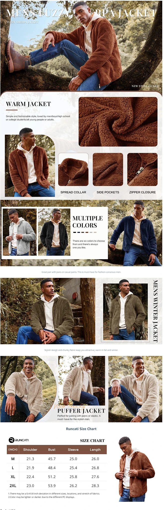 Runcati Mens Fuzzy Sherpa Jacket Cardigan Fleece Long Sleeve Full Zip ...
