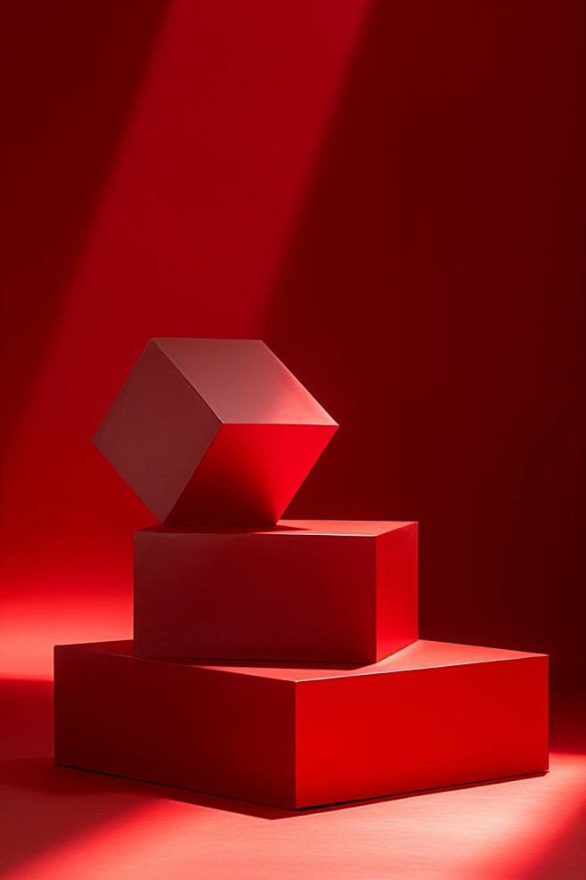 three red boxes on a red background with white light shining through ...