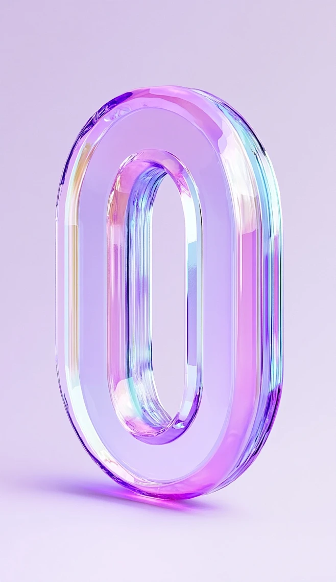 The number "0" is made of glass, with an iridescent gradient color ...