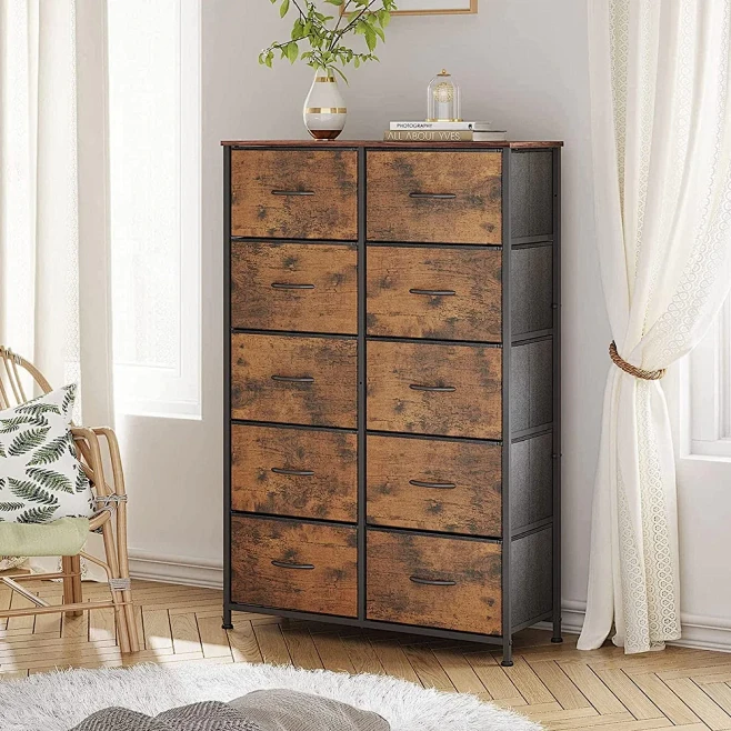 Rustic-Brown-Tall-Dresser-with-10-Foldable-Drawers
