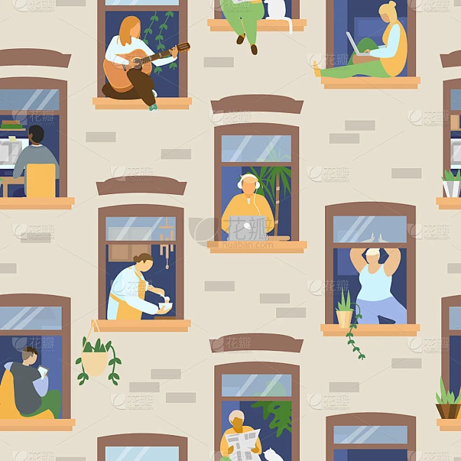 People in windows seamless pattern素材-花瓣网
