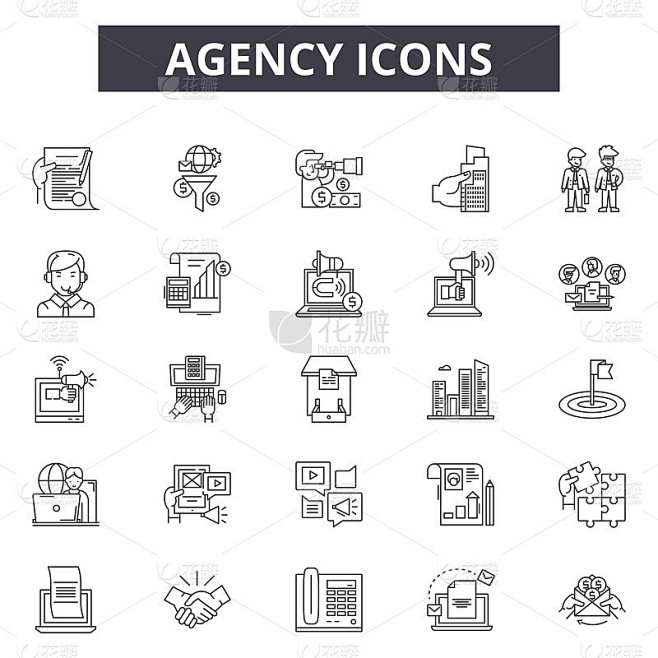 代理线路图标，标志设置，矢量。代理大纲概念，说明:商业，代理，网页，创意，数字，平面