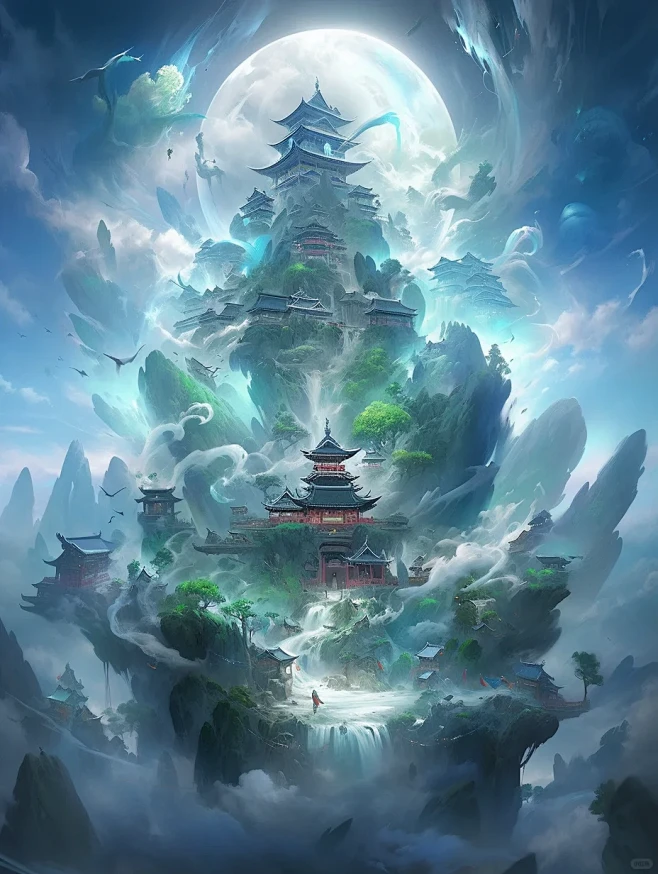 蓬莱山｜古风神话国潮风插画-花瓣网