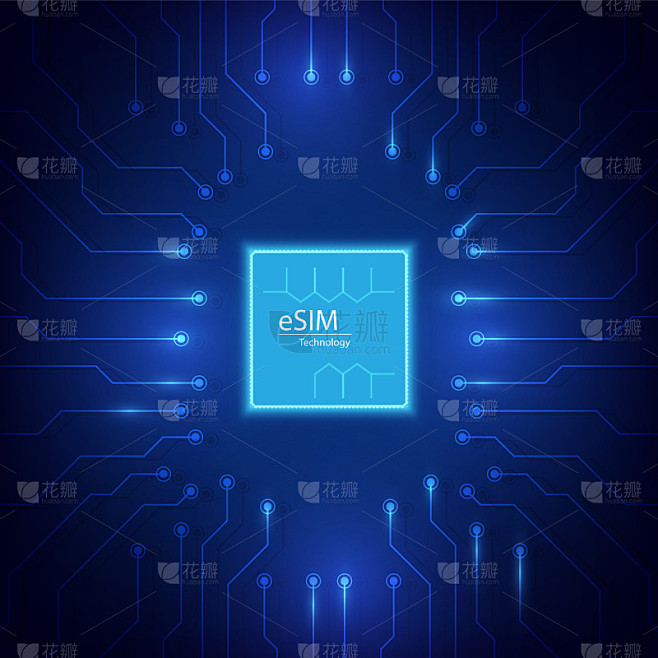 eSIM卡芯片标志。嵌入式SIM的概念。新的移动通信技术和处理器背景电路板矢量插图