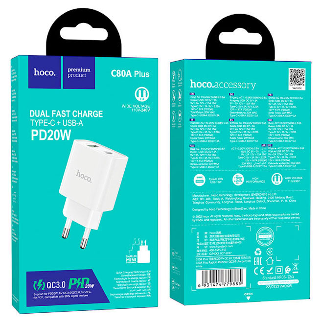 hoco-c80a-plus-rapido-pd20w-qc3-wall-charger-eu-packaging