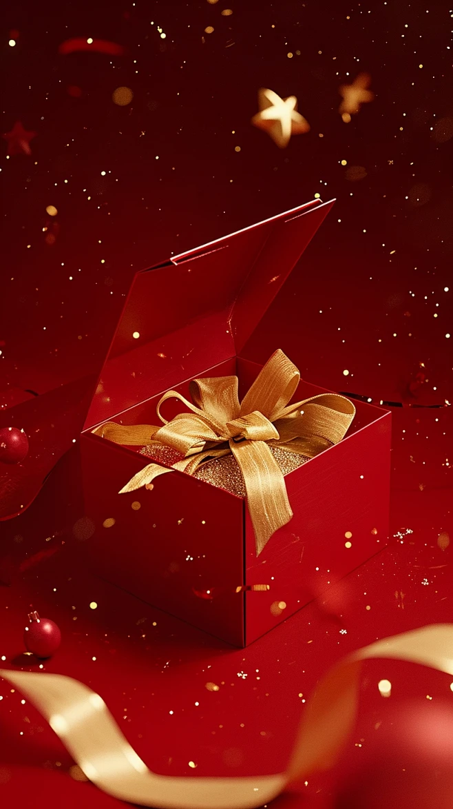 Open christmas gift box with golden ribbon and stars, in the style of ...