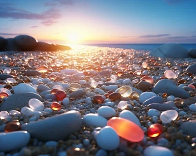 White beach side filled with colorful luminescent biological and ...