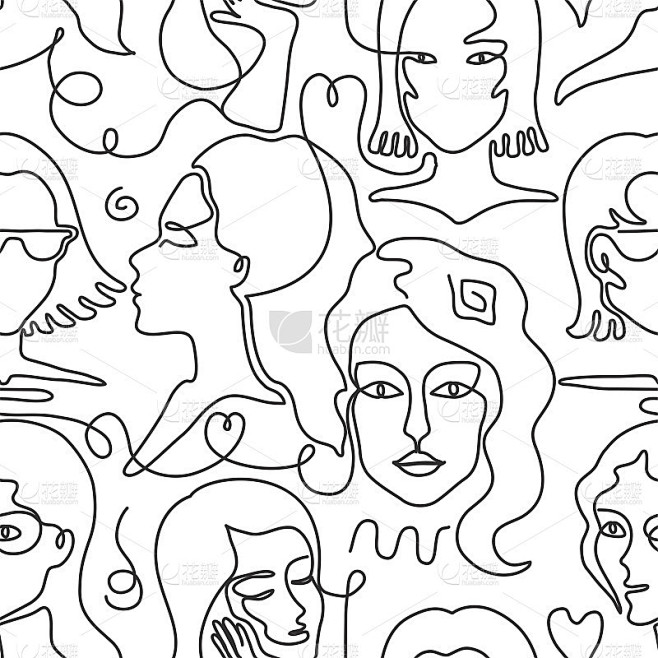 One line face pattern. Trendy woman face seamless