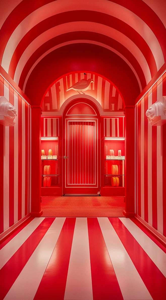 A red and white striped room with an arched door leading to the ...