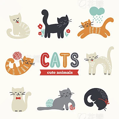 Set of cute eight cats with different characters素材-花瓣网