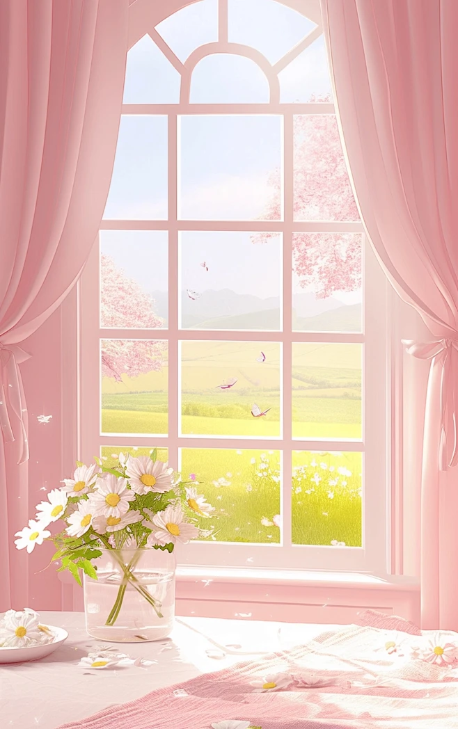 pink room with a window and flowers, in the style of photobashing ...
