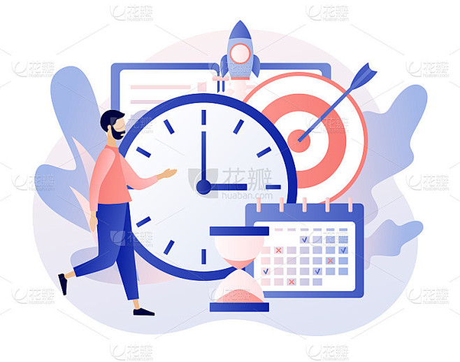 时间管理，自我控制，自我管理，目标，生产力隐喻。自我约束和激励的概念。现代平面卡通风格。矢量插图上的