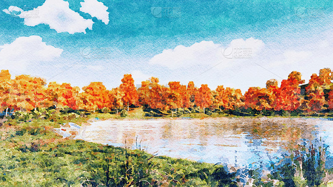 水彩画秋天的风景在森林湖岸