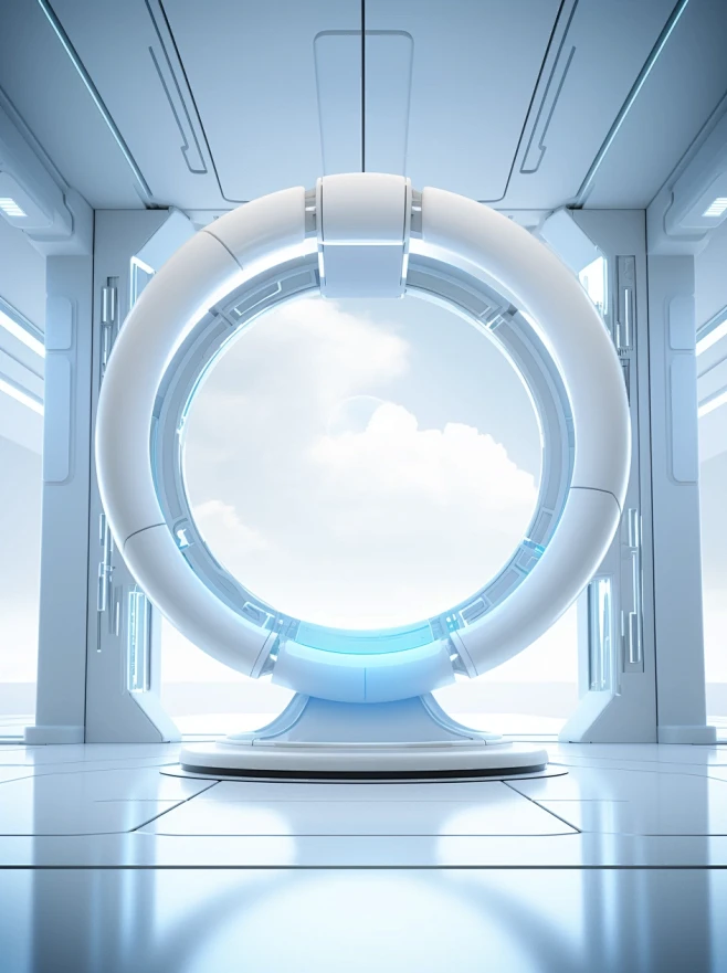 Futuristic circular display with spacecraft in background and lines, in ...