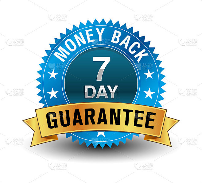 Blue powerful 7 day money back guarantee badge wit